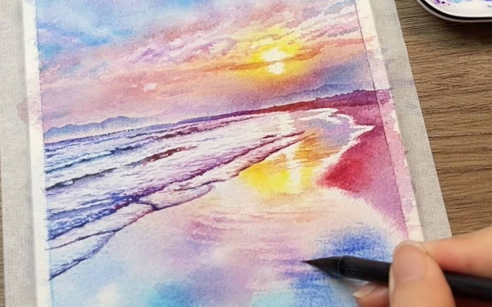 【水彩海浪】梦雪老师水彩海浪分享 海岸 海浪 绘画上色【插画良品...