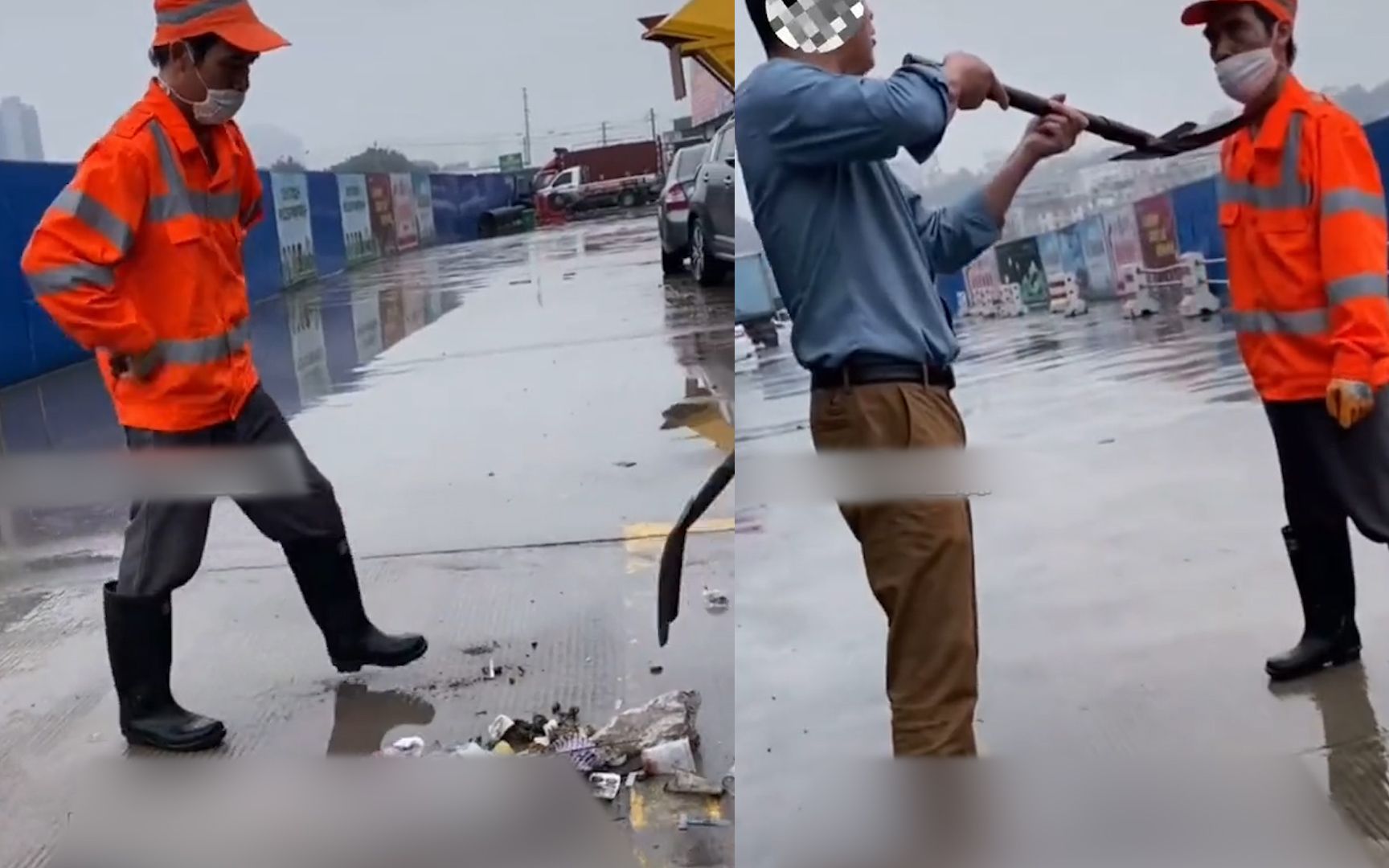 环卫工冒雨打扫卫生 因抗议垃圾中倾倒狗屎被对方持铁铲封喉威胁