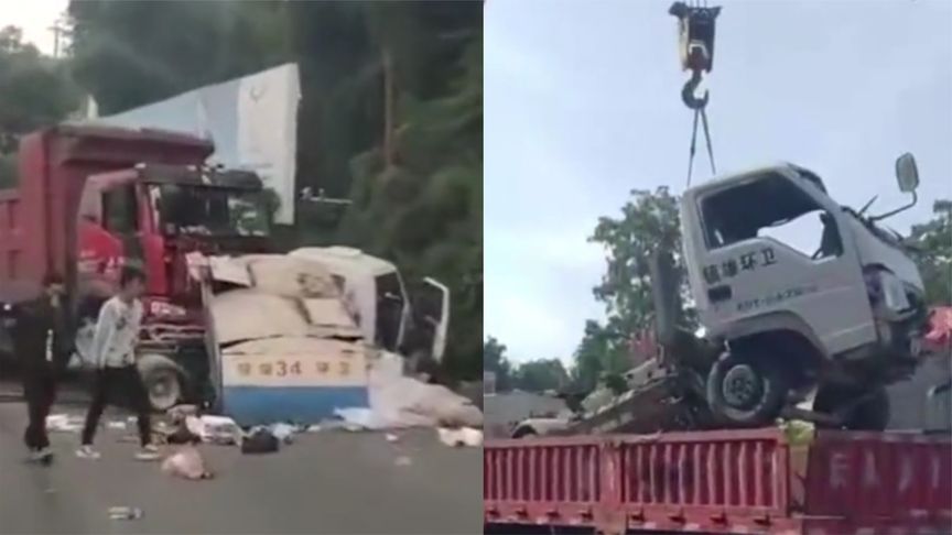 环卫车与大货车相撞环卫车驾驶员当场身亡,一行人与死神擦肩而过