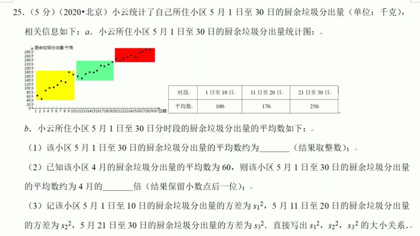 2020年北京市中考数学第25题,理解使用统计量分析数据分布情况!