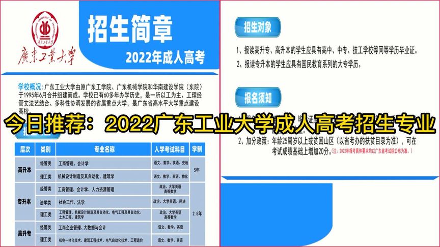 2022广东工业大学成人高考招生简章,专业齐全,学信网查询。