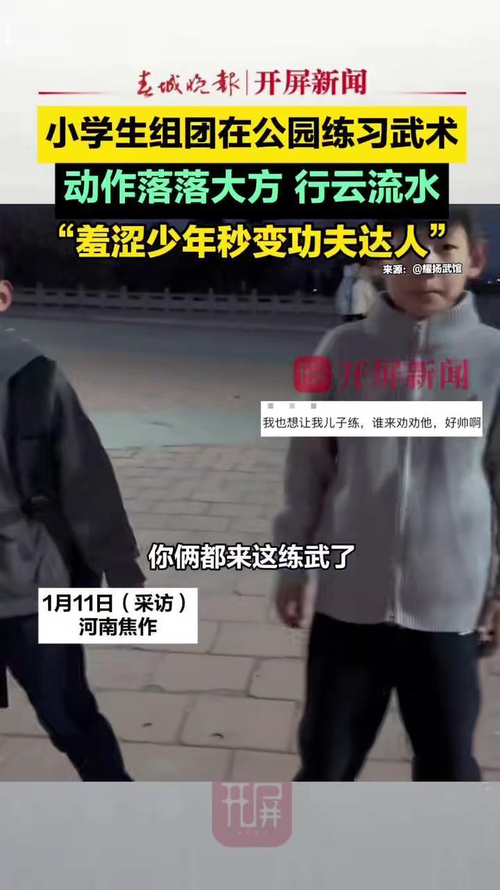 小学生组团在公园练习武术,动作落落大方,行云流水,“羞涩少年秒变...