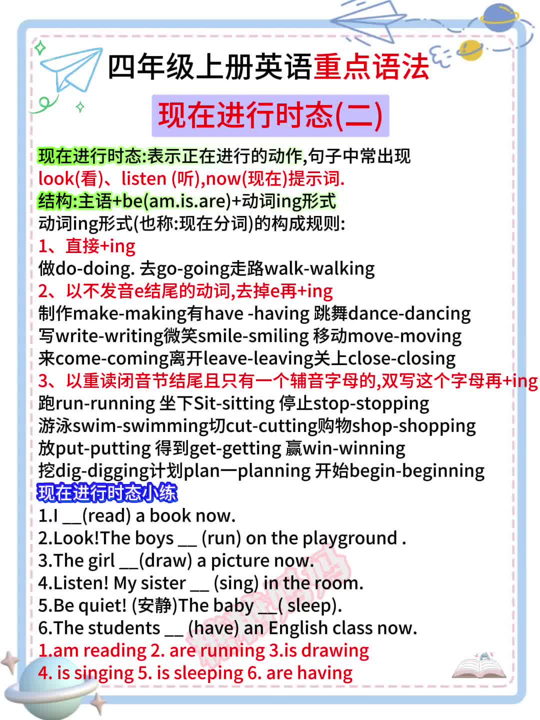 四年级上册人教版英语重点语法 现在进行时态 动词变ing的规则#每天...