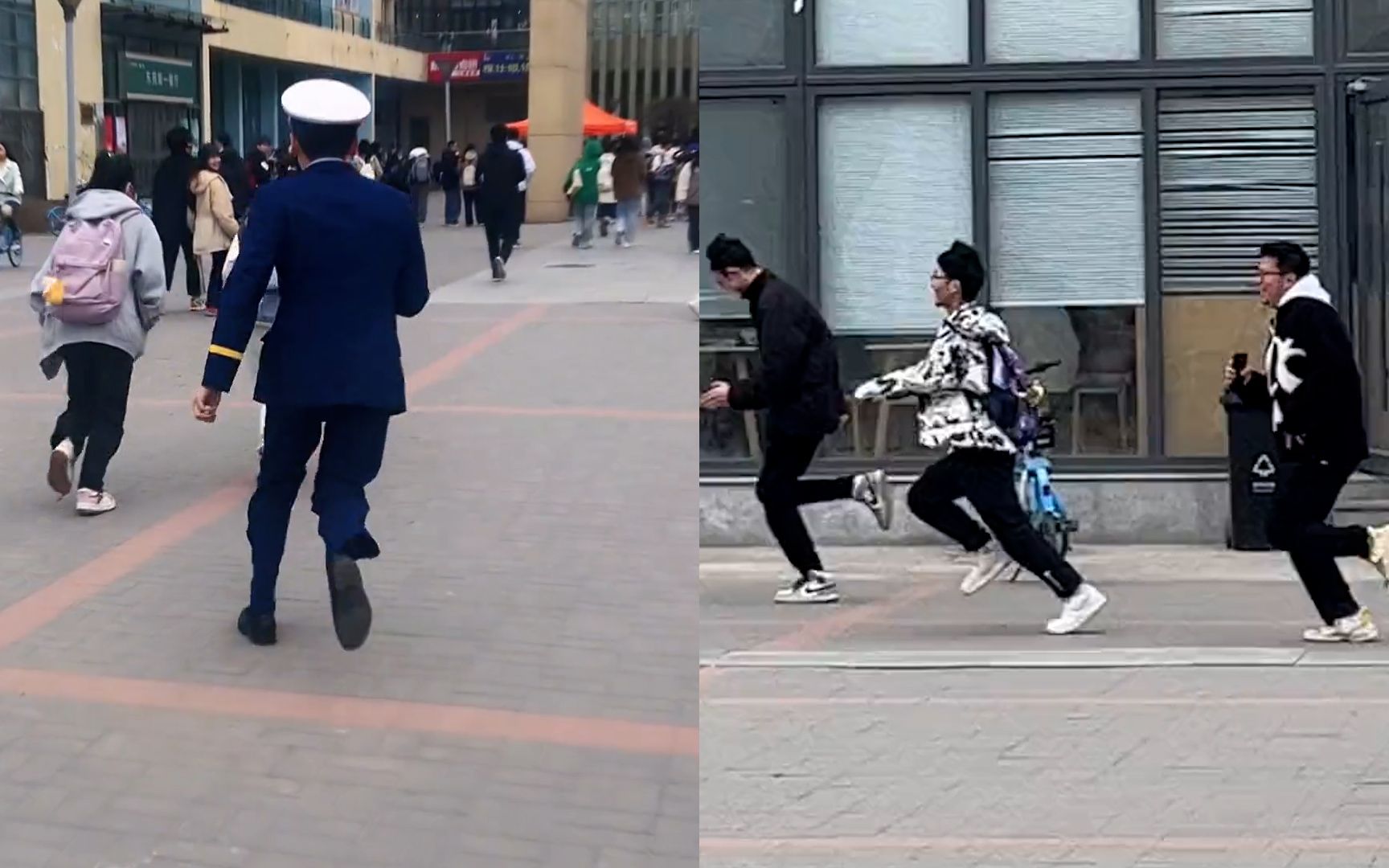 消防员校园做采访,男生躲避的速度让人追不上,场面十分有趣