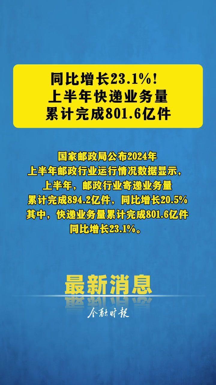 同比增长23.1%!上半年快递业务量累计完成801.6亿件#快递#业务量#...