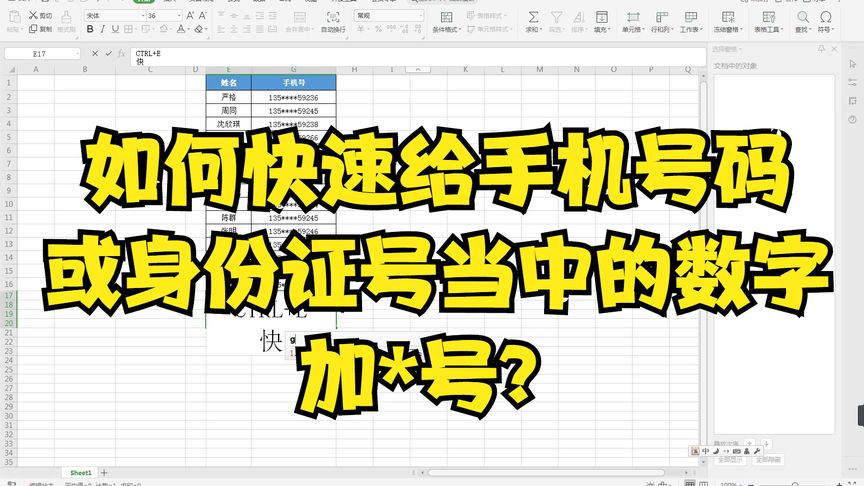 如何在EXCEL里面快速给手机号码或身份证号码当中的数字加上*号?