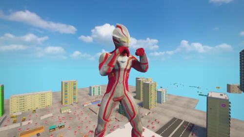 用绿色的小汽车撞向变成巨人的梦比优斯奥特曼