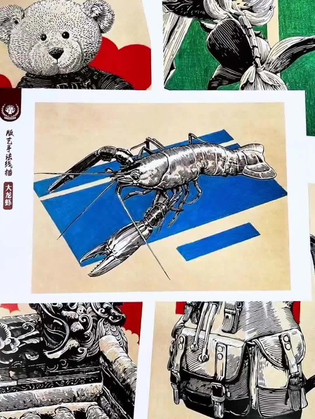 线条感线描多主题绘画 文化遗产-版艺线描,用模拟古代木刻版画线描的...