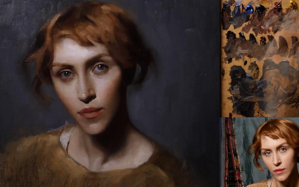 写实油画肖像人物教学展示,直接画法过程。适合艺考生的光影,颜色。...