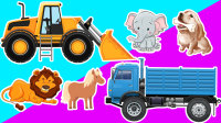 儿童工程车动画 第41集 工程车、推土机、大卡车拼图游戏,认识小动物...