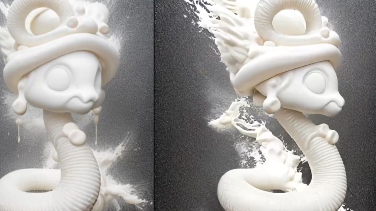 ...——制作非常好看的牛奶飞溅的小蛇造型的设计方案&效果图和动画