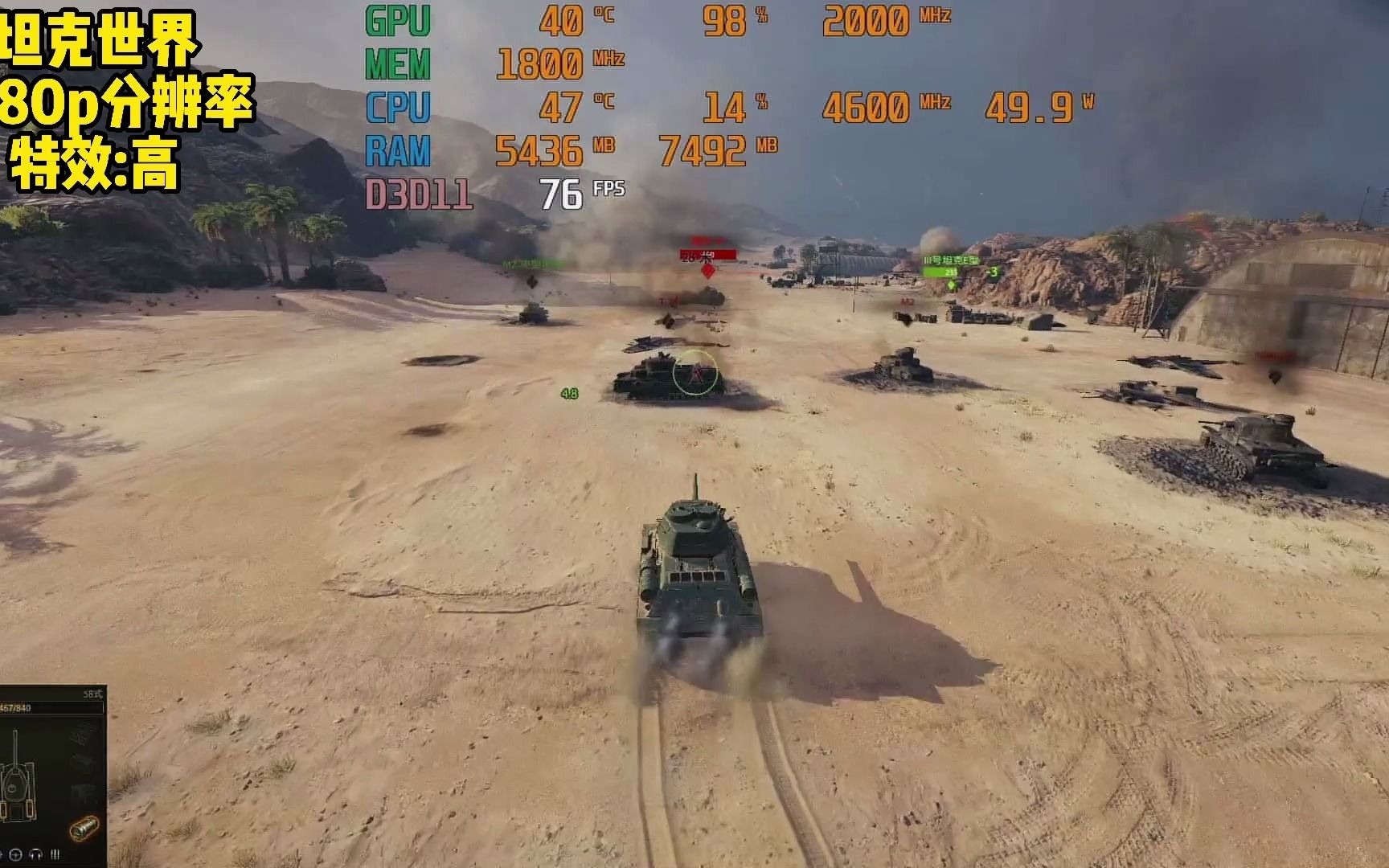 5700G核显测试 坦克世界 1080p分辨率 特效:高