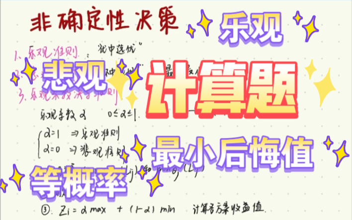 管理学计算题(非确定性决策)乐观准则 悲观准则 等概率准则 最小后悔...