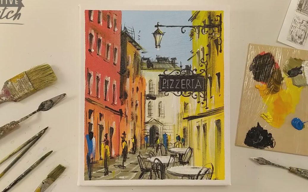 【丙烯画】丙烯画教程,简易丙烯画,城市景观,比萨店,抽象