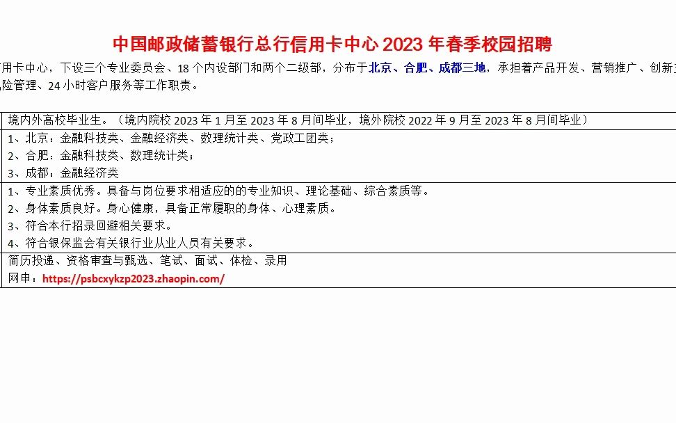 中国邮政储蓄银行总行信用卡中心2023年春季校招