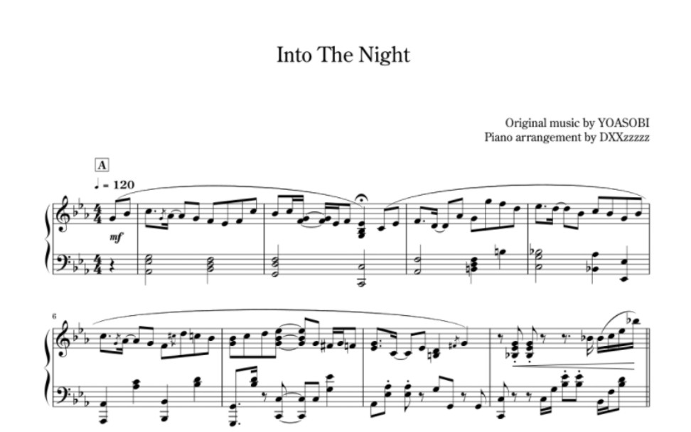 【曲谱同步】Into The Night(夜に駆ける) - YOASOBI 钢琴改编