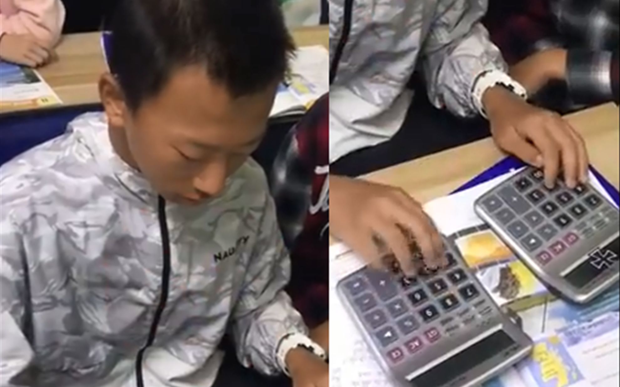 中学生用计算器弹奏歌曲,一手一个计算器,还带和弦