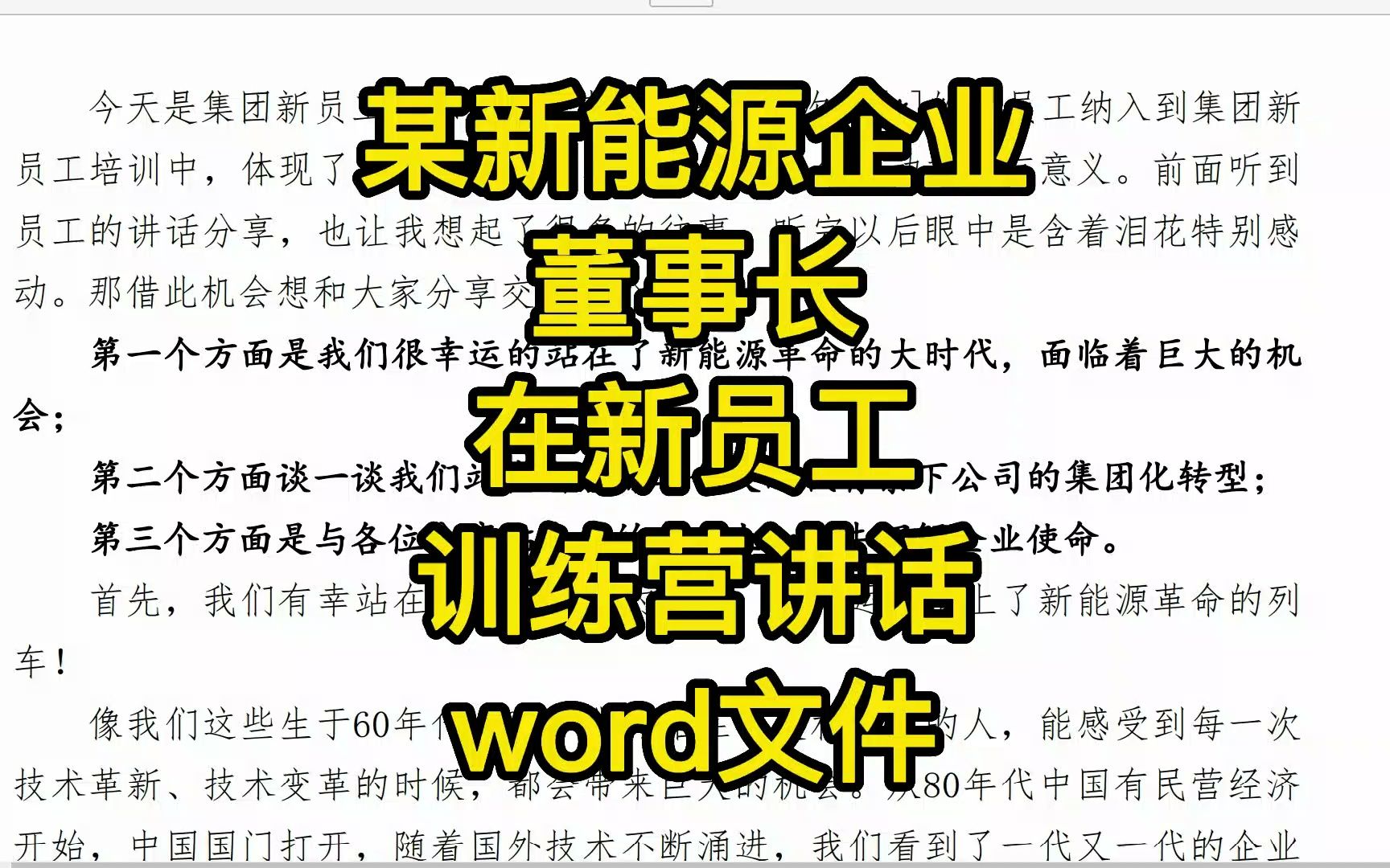 某新能源企业董事长,在新员工训练营的讲话稿,4400字,word文件