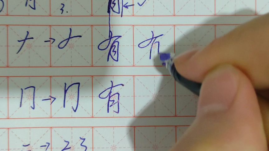 实用硬笔行书:“有”字的书写练习,笔顺不同,以点代画。
