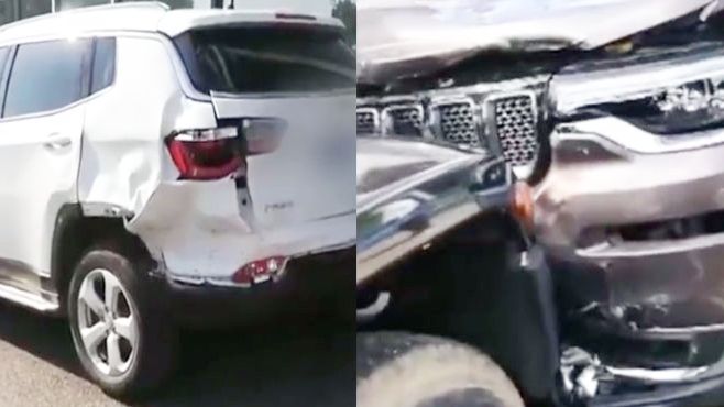 因与4S店发生纠纷 女子驾车连撞7车 店面整块大幕墙钢化玻璃撞坏