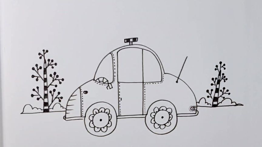 线描画《开着小车去旅行》。