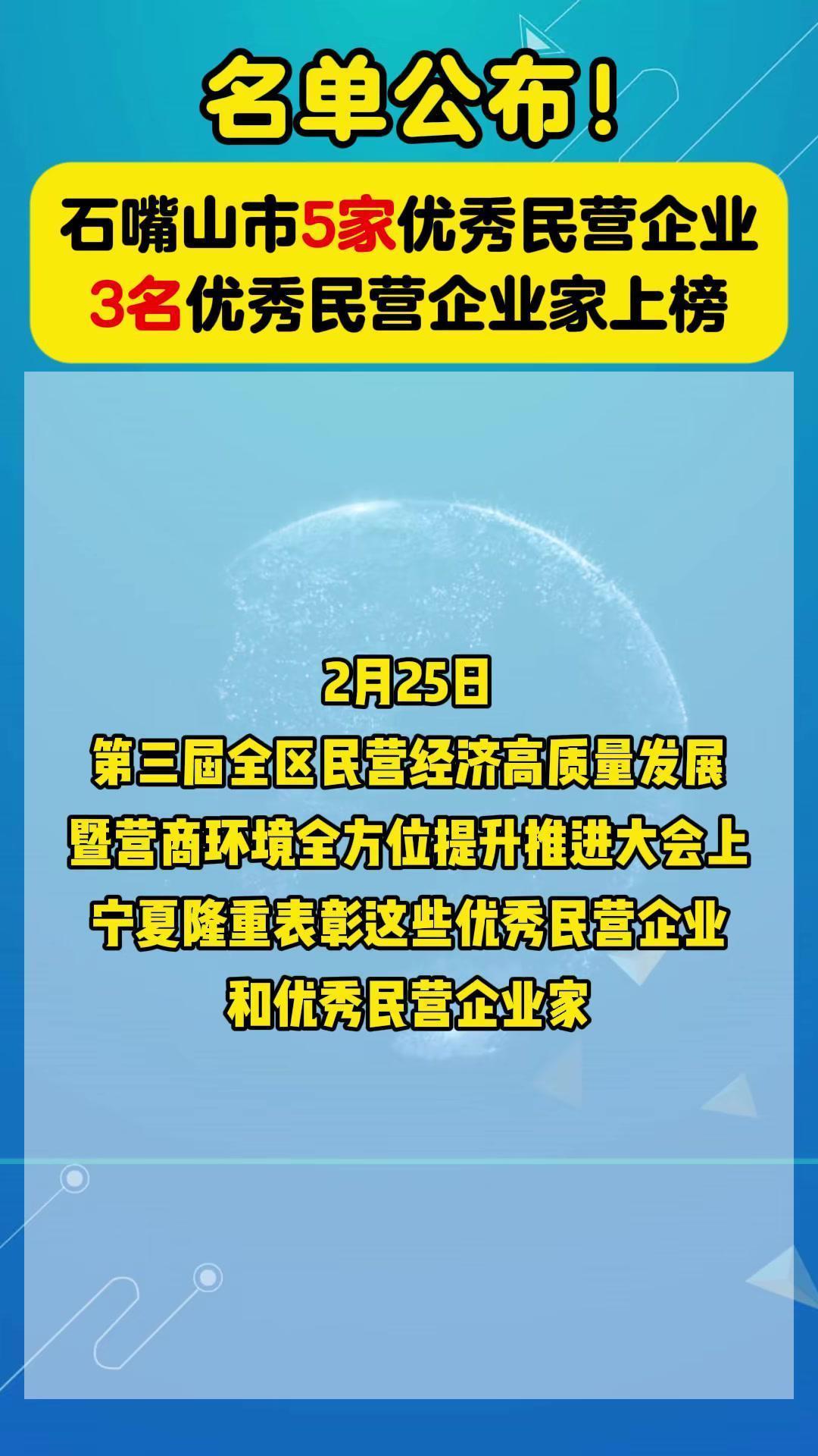 宁夏隆重表彰优秀民营企业和优秀民营企业家石嘴山市5家优秀民营...