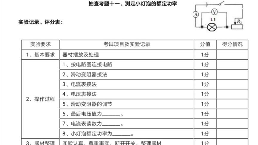 初中物理实验十一:测定小灯泡的额定功率