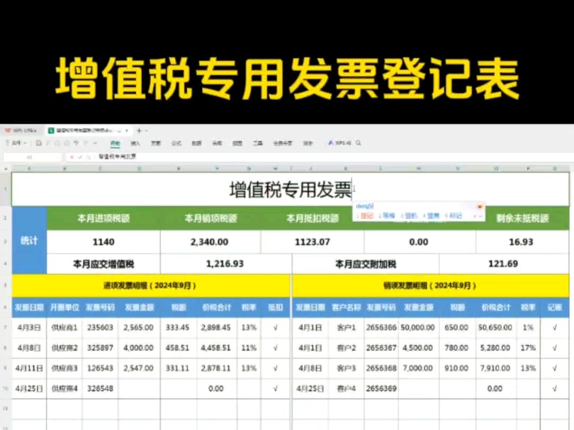 增值税专用发票登记表,公式都设置好了,分别统计好进项、销项,即可...