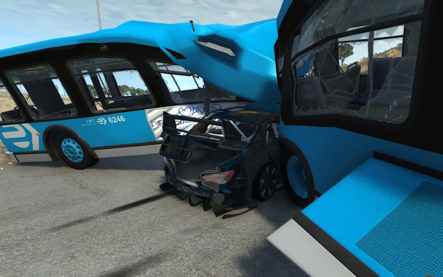 车祸模拟器:狂暴小车开至400km的时速,进行侧面碰撞,公交车被拦腰...