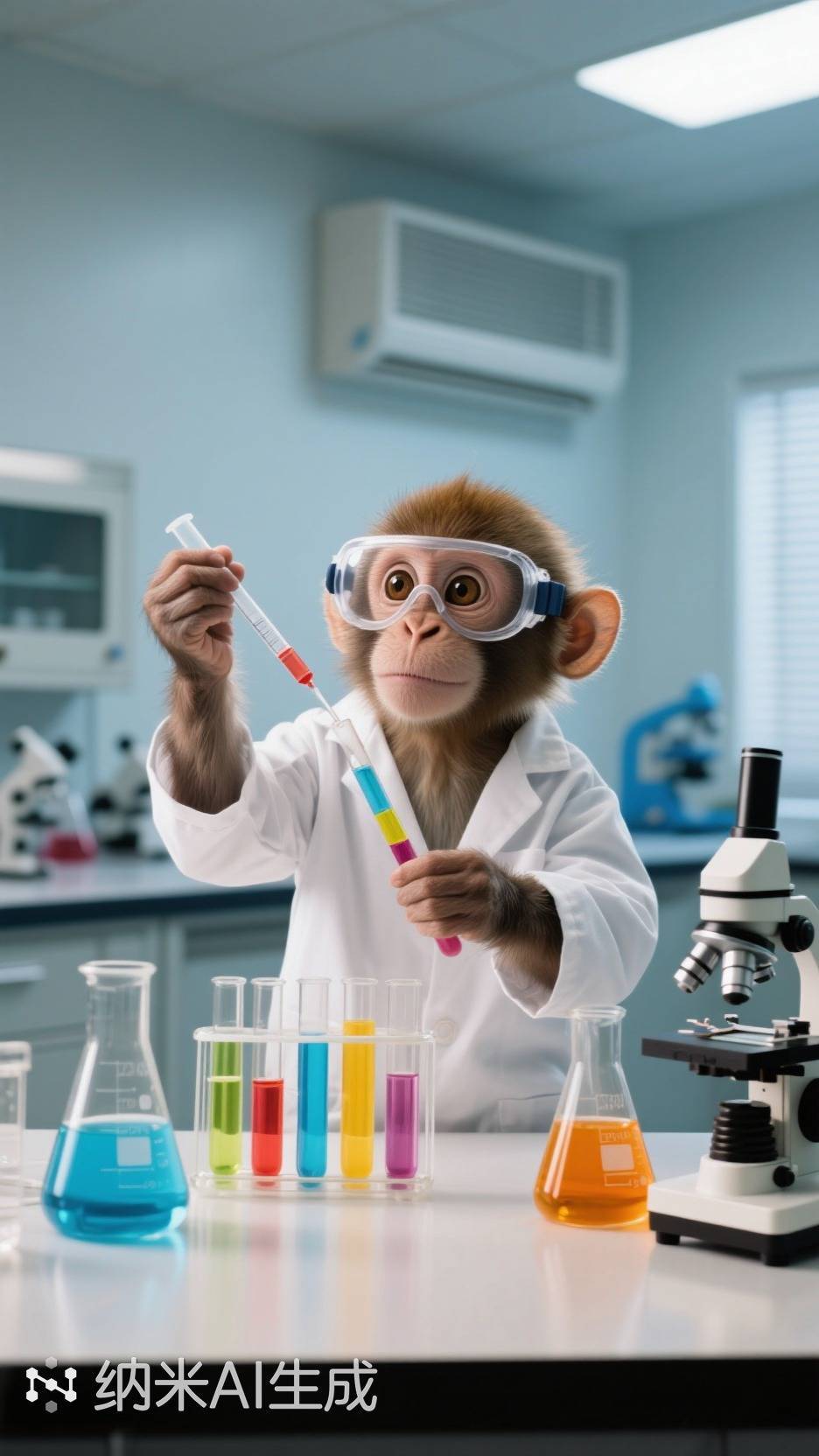 动物:小猴子穿实验服做实验,试管里的彩虹液太酷啦 #萌宠