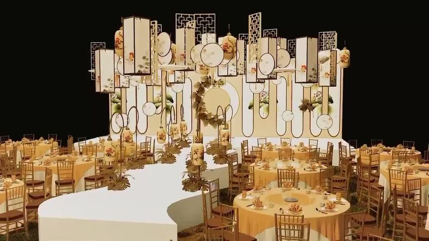 婚礼3D 效果动画,新中式婚礼用软件画出来的效果#婚礼3d设计