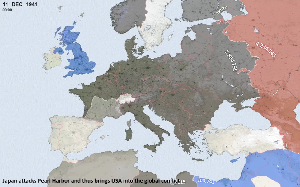【历史地图】第二次世界大战欧非战场战线及其各国前线总兵力变化(...