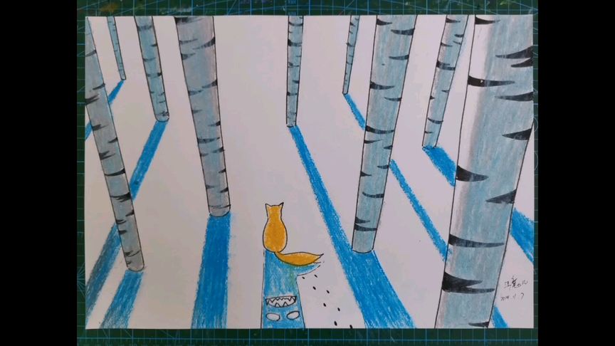 油画棒范画雪中的白桦树林绘画教程