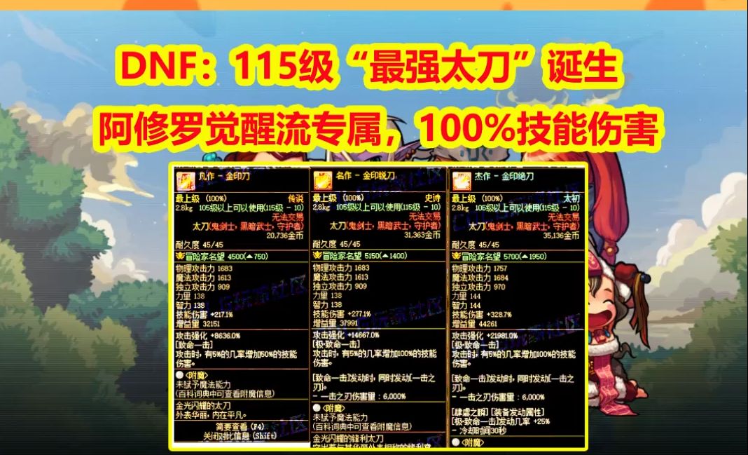DNF:115级“最强太刀”诞生!阿修罗觉醒流专属,100%技能伤害_哔哩...