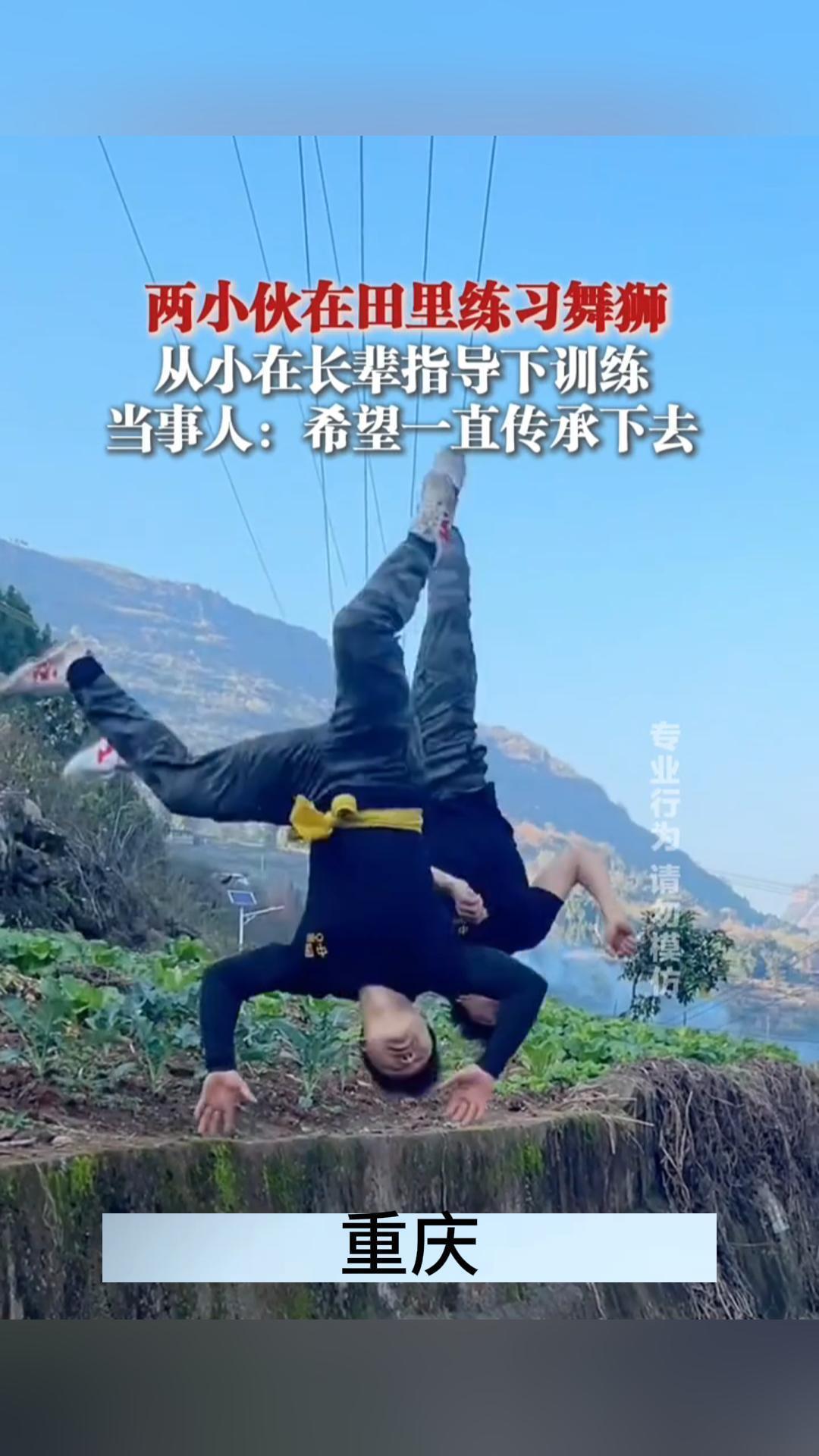 俩小伙在田里练习舞狮,动作行云流水,网友:这才是传统文化