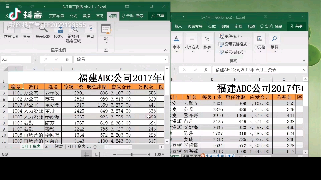 Excel两个表格窗口并排查看与同步滚动(一目可十行