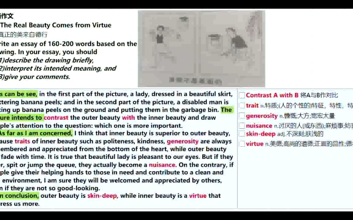 ...图画作文_真正的美来自德行(内在美/外在美)/考研英语写作范文/模板
