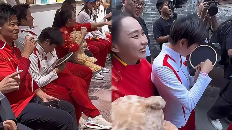 全红婵坐也刺绣行也刺绣,专心致志旁若无人,与平日活泼好动成对比