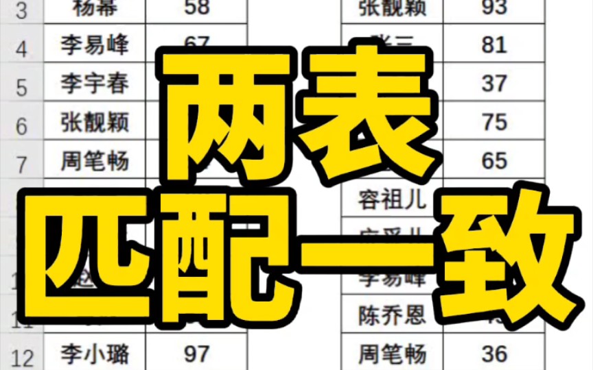 Excel两表匹配一致