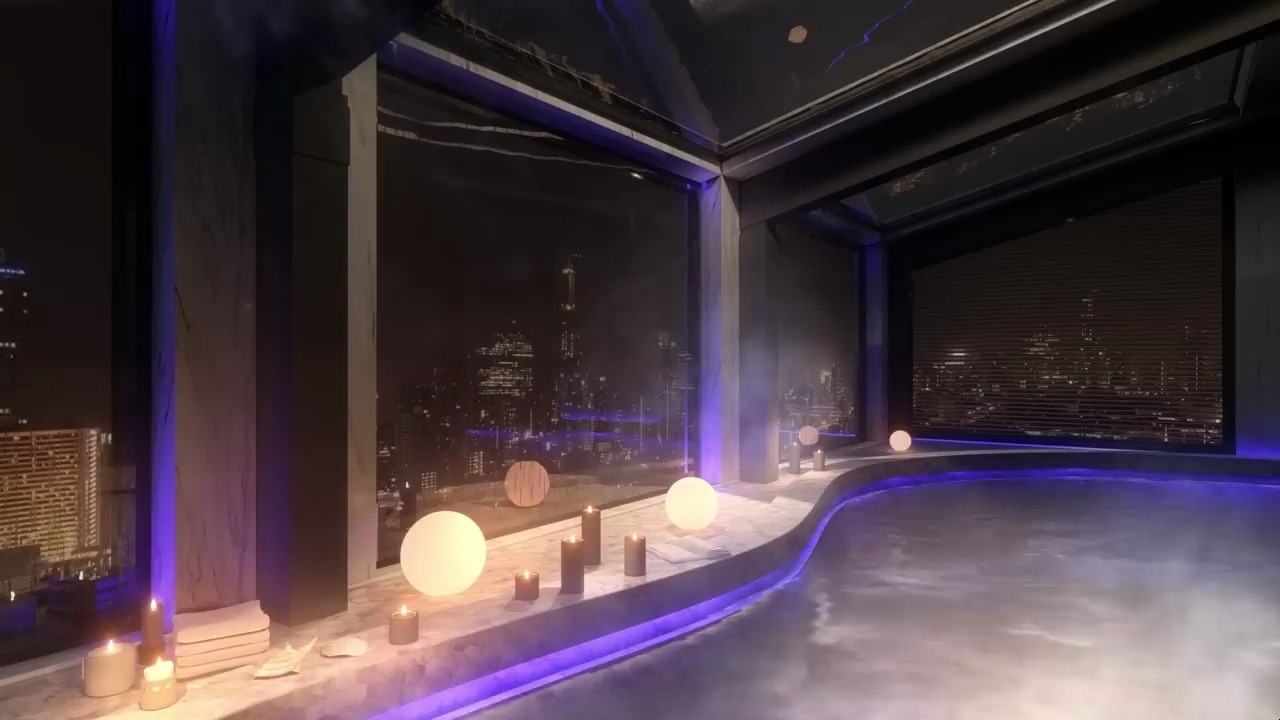 【白噪音】在豪华酒店顶层的私人温泉放松 轻柔水声 霓虹灯光 室内...