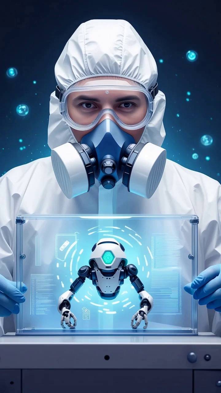 身穿白色防护服的科研人员手持银色金属材质机器人,实验室背景下...