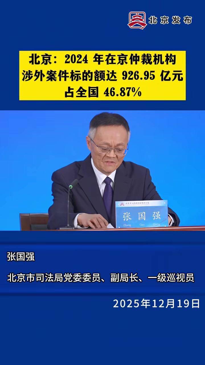 北京:2024年在京仲裁机构涉外案件标的额达926.95亿元,占全国46.87%