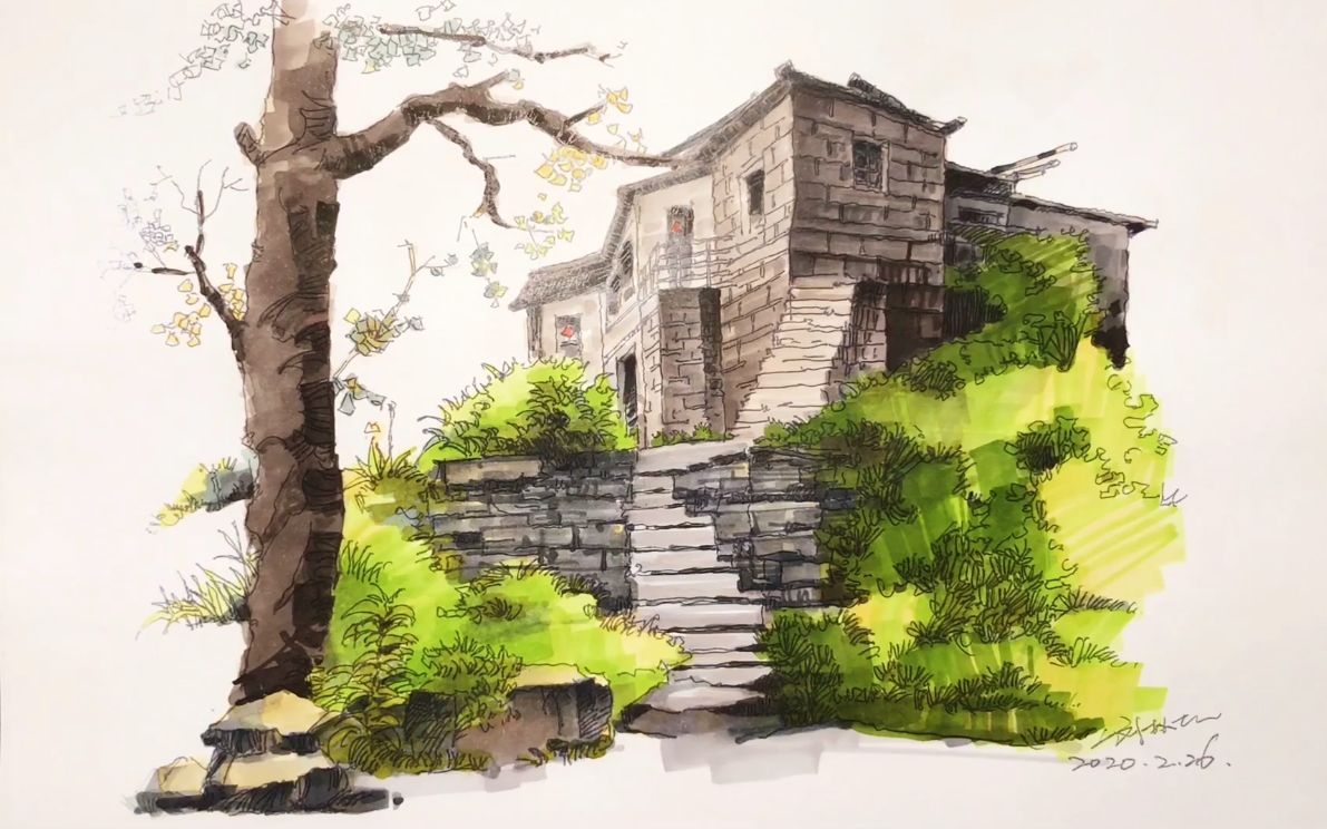 钢笔画手绘风景速写,记录马克笔上色画法步骤,这样画就不难了