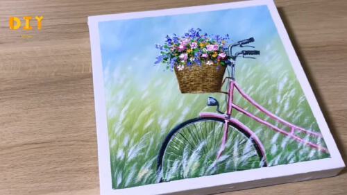 绘画手工绘画作品,一个带花篮的自行车!