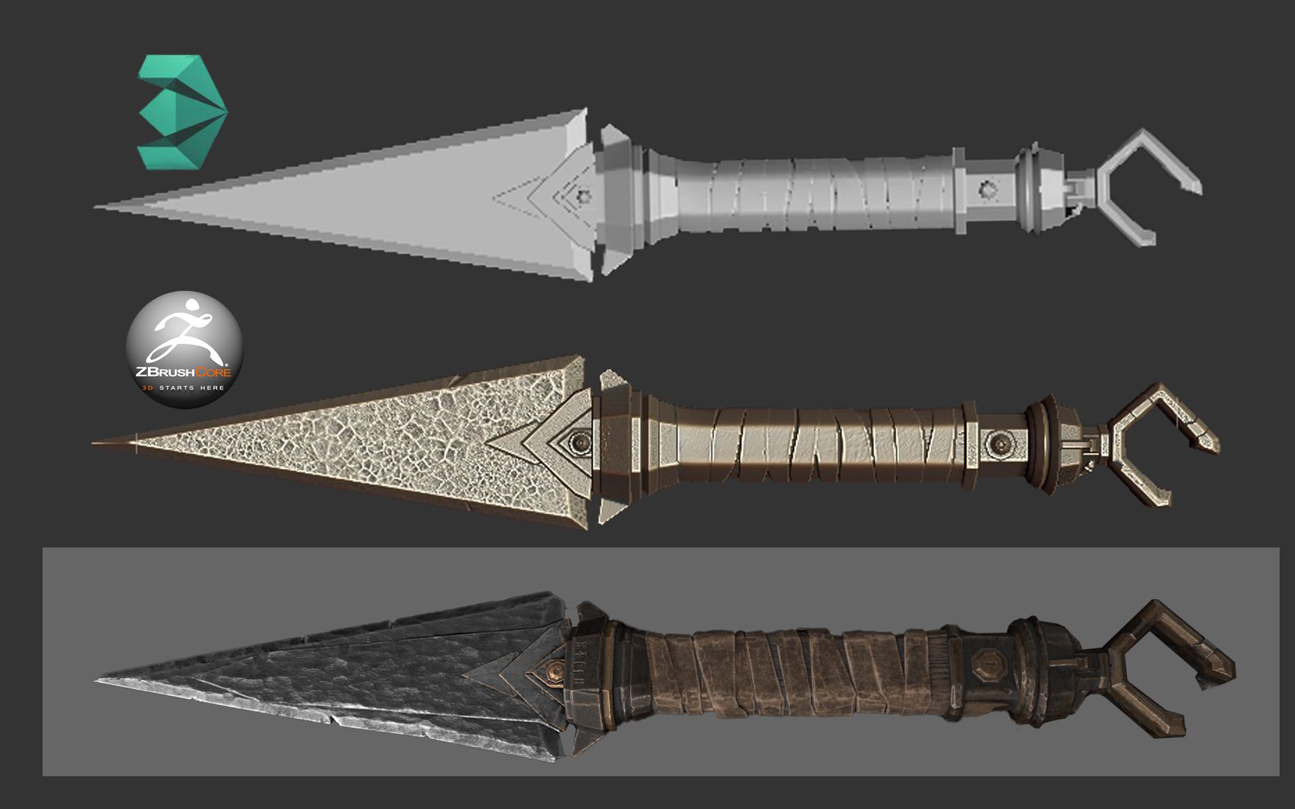 ...ZB武器建模】新手福利,精致匕首从低模制作再导入zbrush高模雕刻...