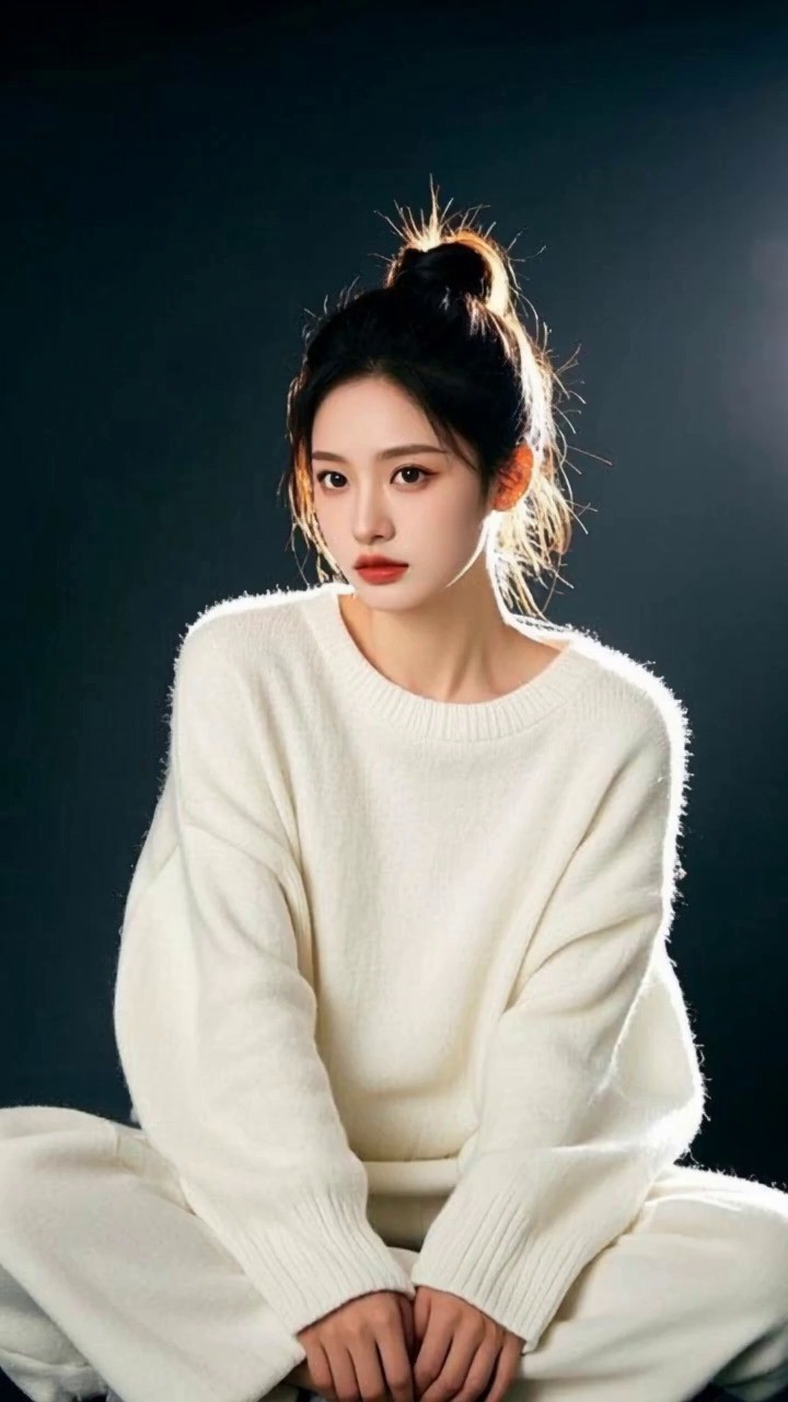 年轻女性穿着纯白色高领针织毛衣,站姿优雅自然,双手轻插毛衣口袋,...