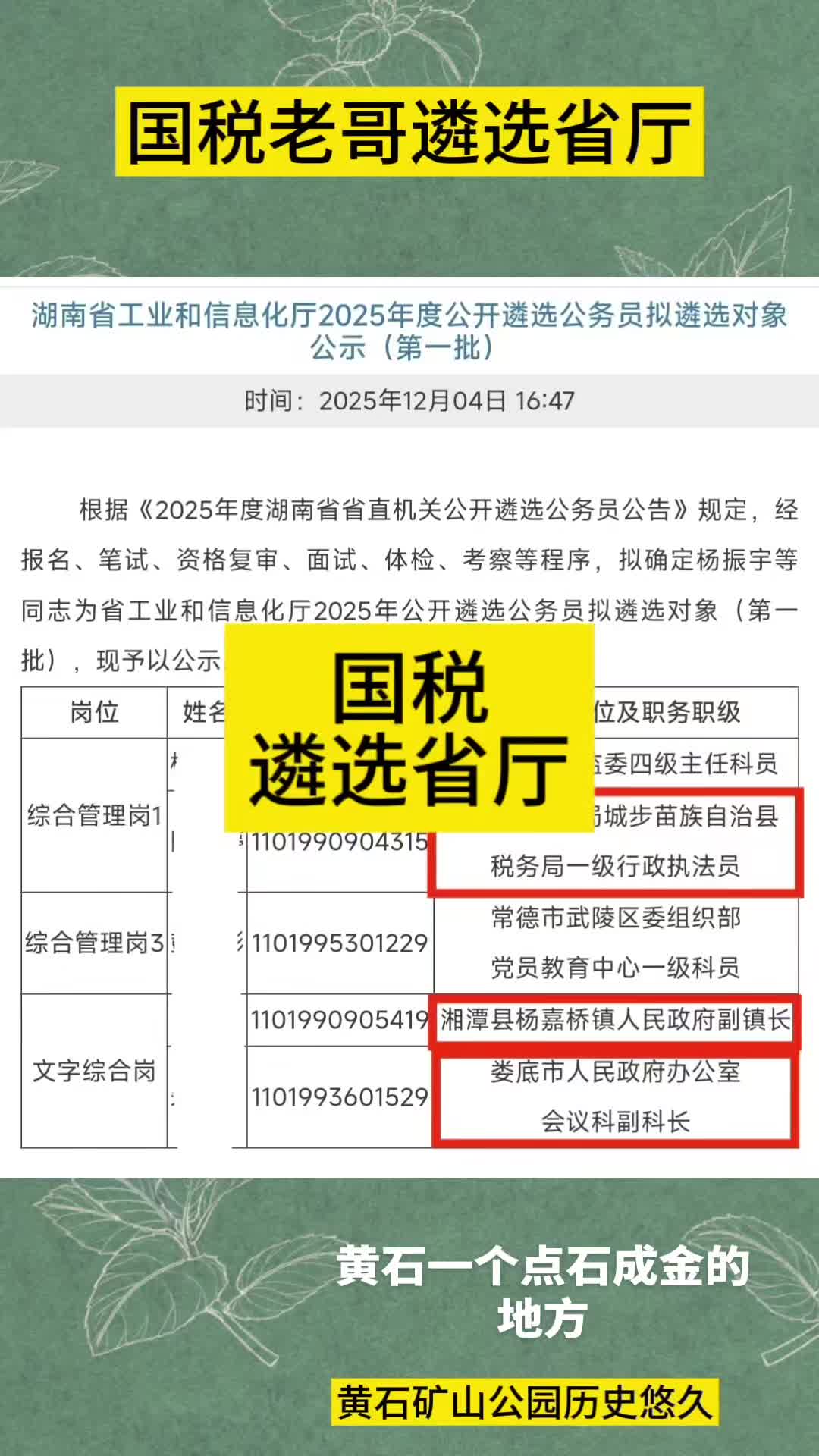 湖南省工业信息厅遴选公示。恭喜来自你税系统以及乡镇的副镇长,...