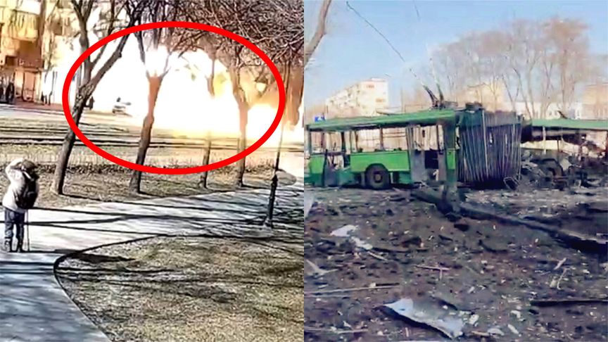 实拍:乌克兰首都基辅遭导弹袭击 一辆公交车瞬间被炸毁!