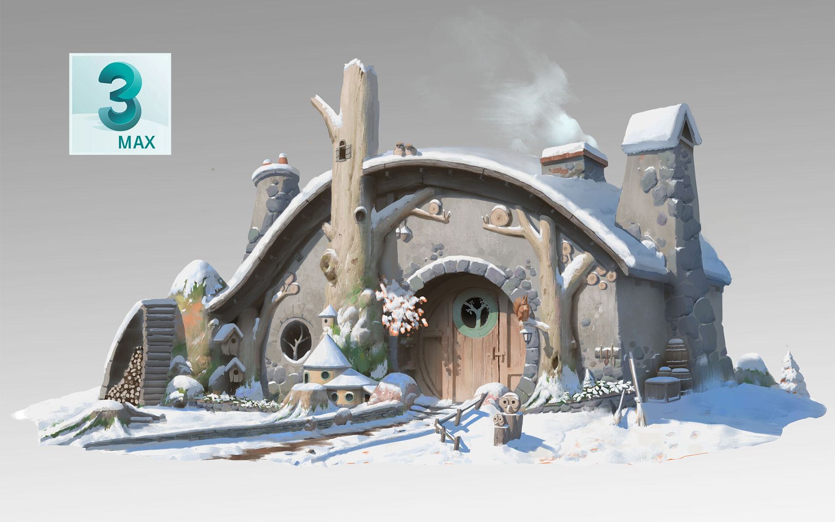 【3dmax场景建模】雪中树屋建筑模型制作,场景房子建模思路讲解