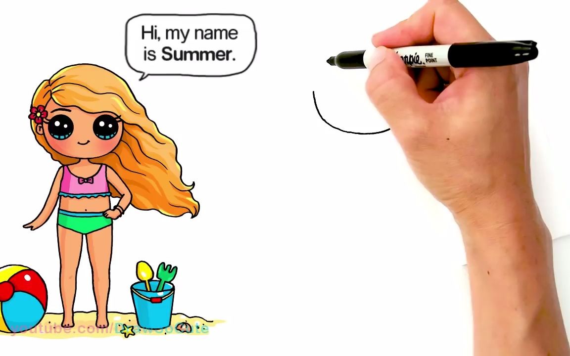 绘画大神教学系列!如何在海滩上画一个穿着泳衣的可爱女孩!